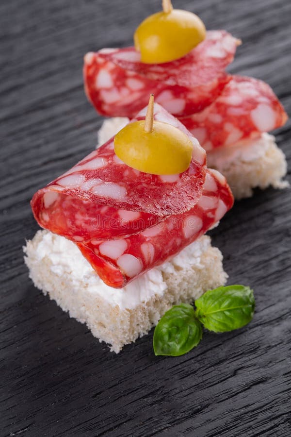 Salami canapes stock image. Image of nibble, salami, oeuvre - 18632487