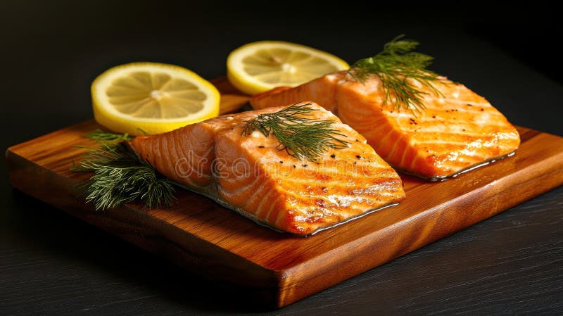 Two Salmon Fillets on a Cutting Board beside Fresh Lemons. Stock Photo ...