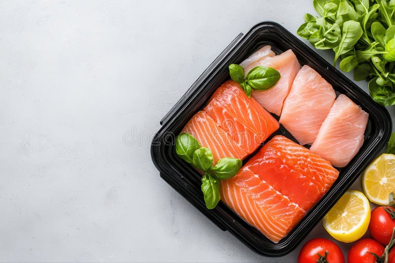 Two Salmon Steaks and Cod Fillets in a Black Container with Garnish ...
