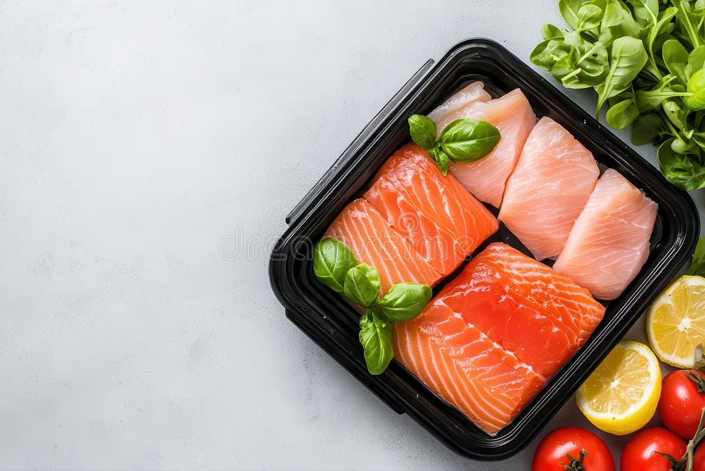 Two Salmon Steaks and Cod Fillets in a Black Container with Garnish ...
