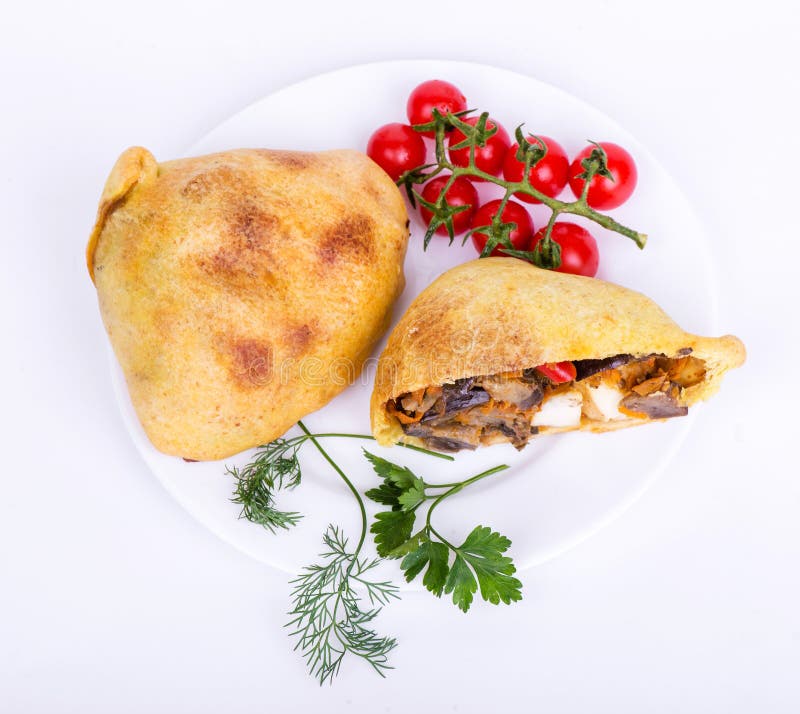 Two Samosas with Tomatoes and Greens Top View Stock Image - Image of ...