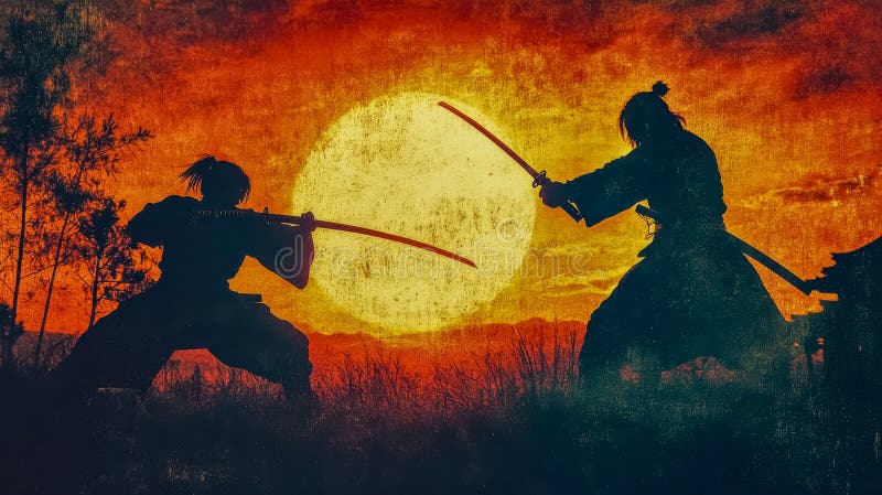 Two Samurai Warriors Fighting with Katanas at Sunset Stock Image ...