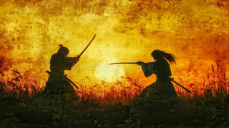 Two Samurai Warriors Fighting at Sunset with Katanas Stock Image ...