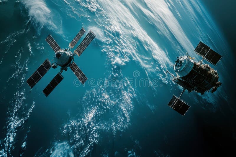 Two Satellites Orbiting Earth Against a Backdrop of Clouds and Ocean ...