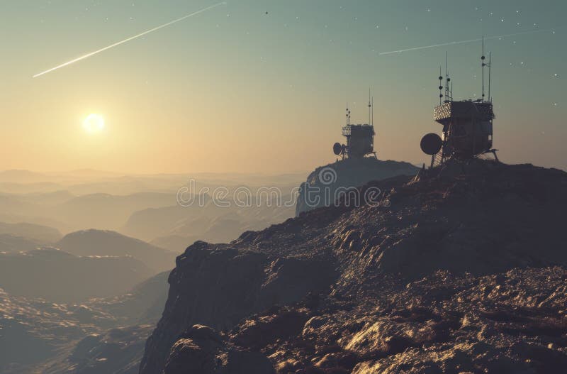 Two Satellites Over a Mountaintop Stock Photo - Image of waves ...