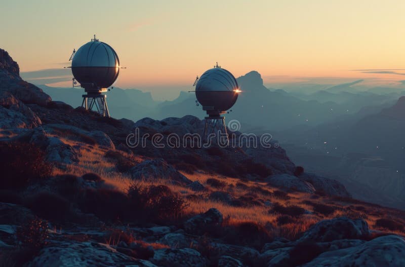 Two Satellites Over a Mountaintop Stock Image - Image of observatory ...