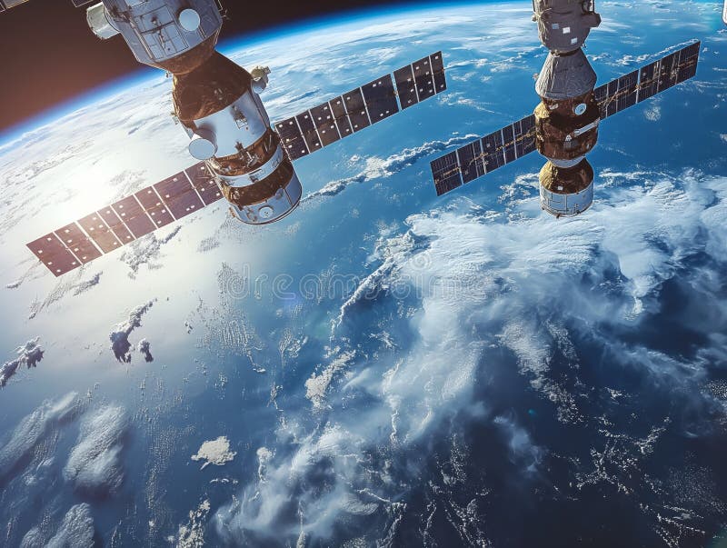 Two Satellites are in the Sky Above the Earth Stock Photo - Image of ...