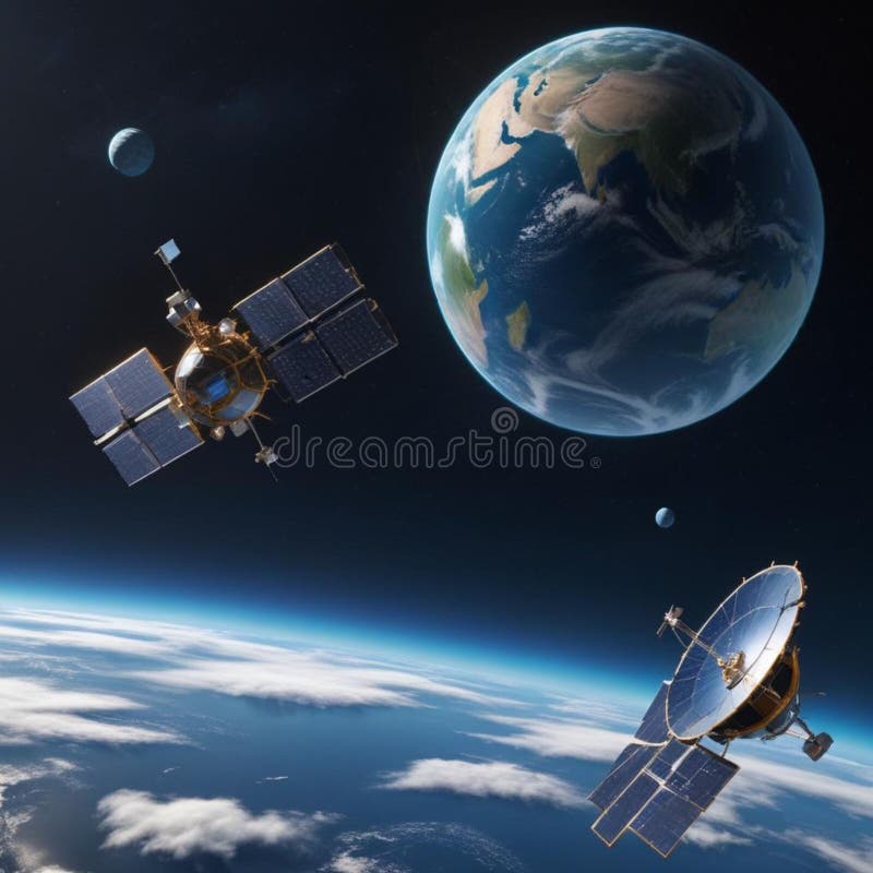 Two Satellites in Space Orbiting Earth Stock Illustration ...