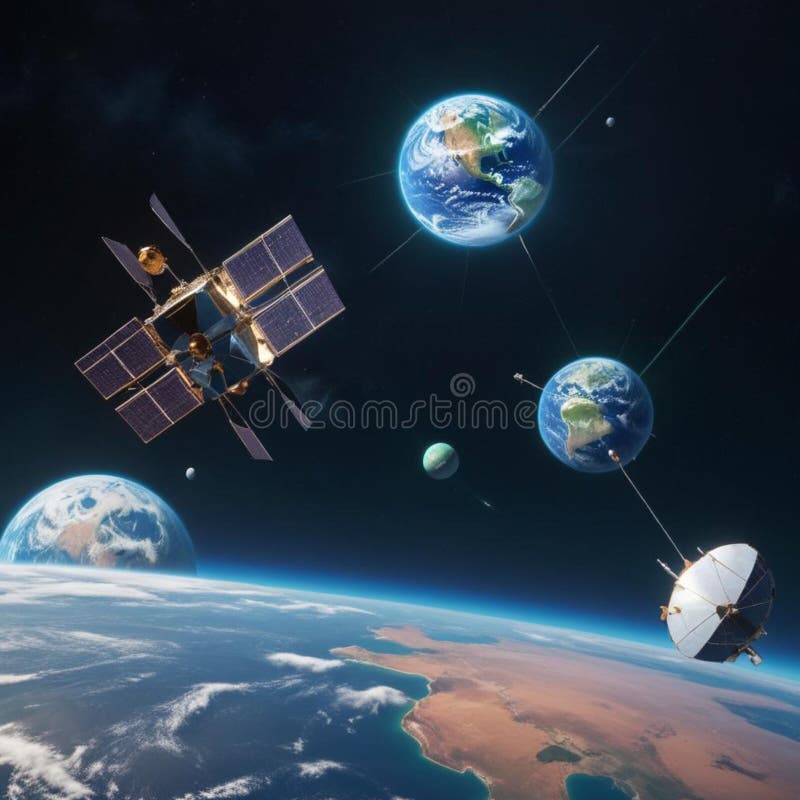 Two Satellites in Space Orbiting Earth Stock Illustration ...