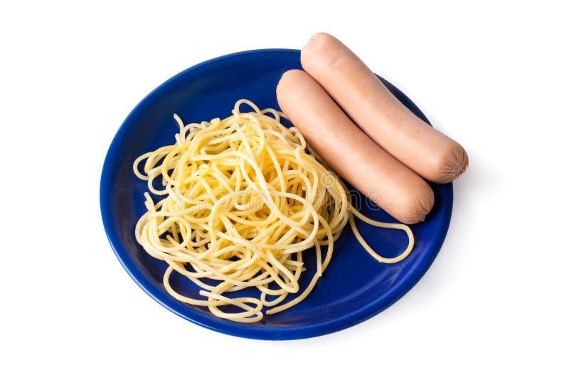 Two Sausages and Pasta on a Blue Plate Stock Image - Image of health ...