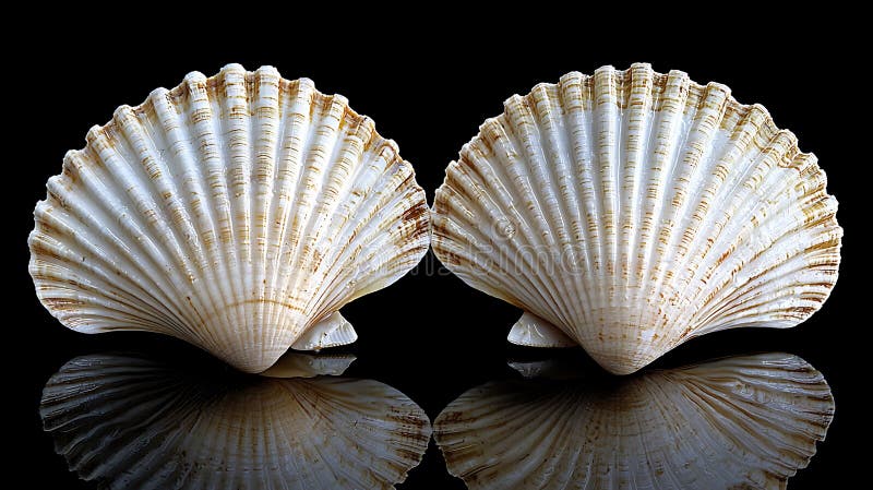 Two Scallops Shells Close Up Symmetrical Seashells on Black Reflective ...