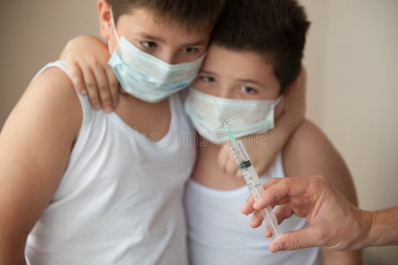 Two Scared Brothers in Medical Mask Looking at Hand with Syringe Stock ...
