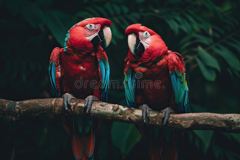 Two Scarlet Macaws Perched on a Branch, Looking at Each Other ...
