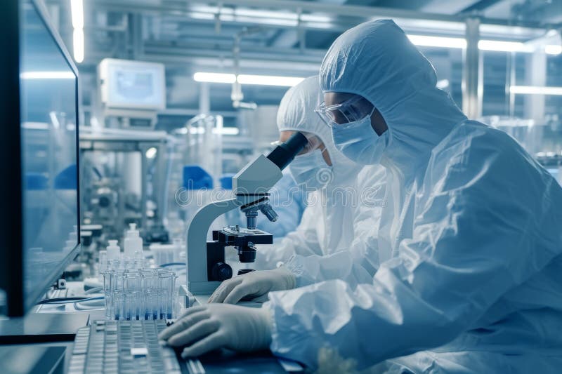 Two Scientists are Clad in Sterile Suits, Intently Inspecting ...