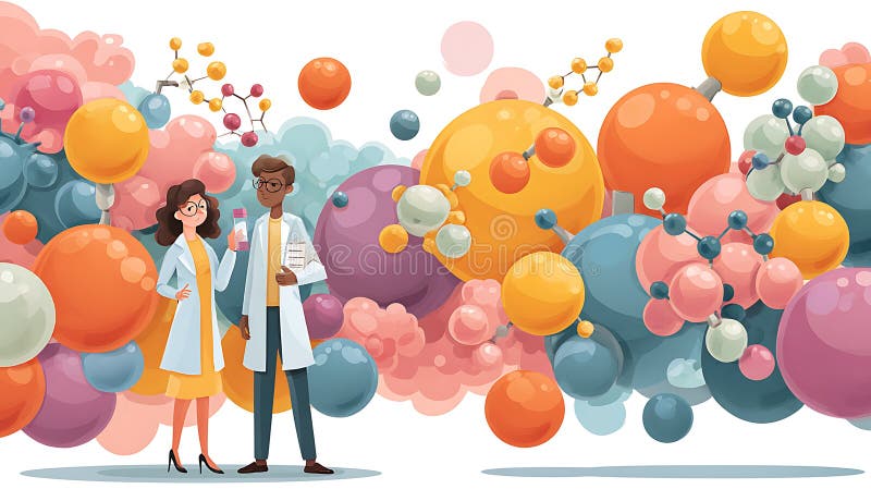 Two Scientists Collaborating on Molecular Research Amidst Colorful ...
