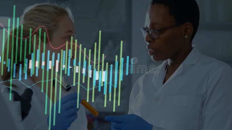Two Scientists Examining Test Tube of Orange Liquid Causing Data Bars ...