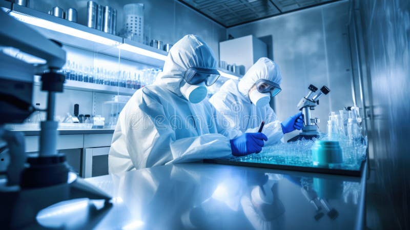 Two Scientists in Full Protective Suits, Including Masks and Gloves ...