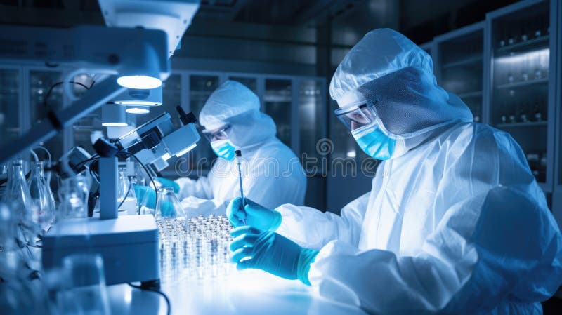 Two Scientists in Full Protective Suits, Including Masks and Gloves ...