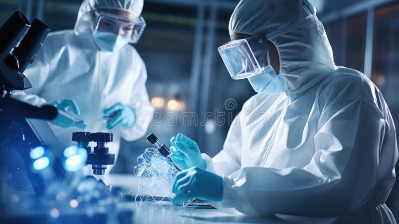Two Scientists in Full Protective Suits, Including Masks and Gloves ...