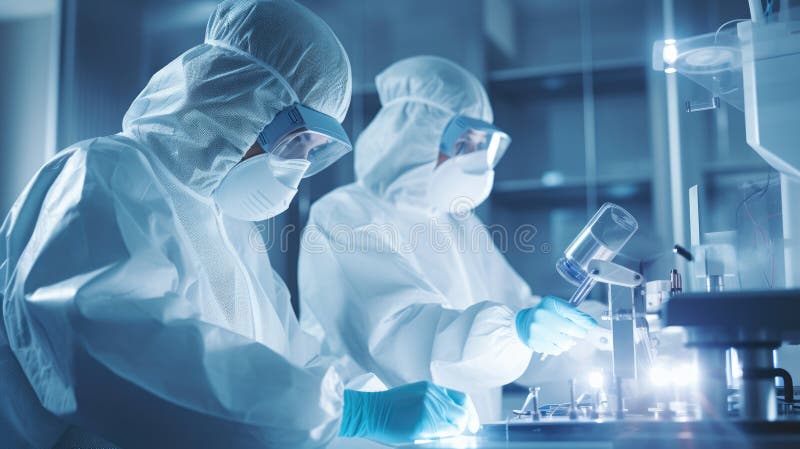 Two Scientists in Full Protective Suits, Including Masks and Gloves ...