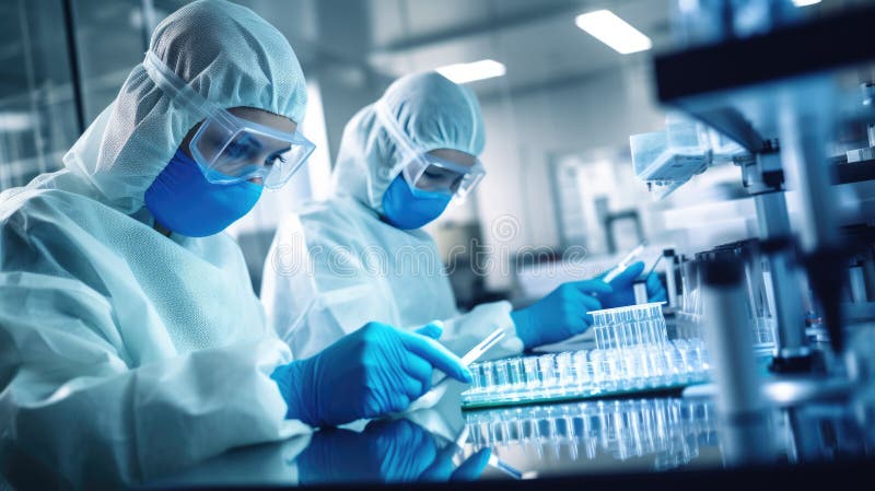 Two Scientists in Full Protective Suits, Including Masks and Gloves ...