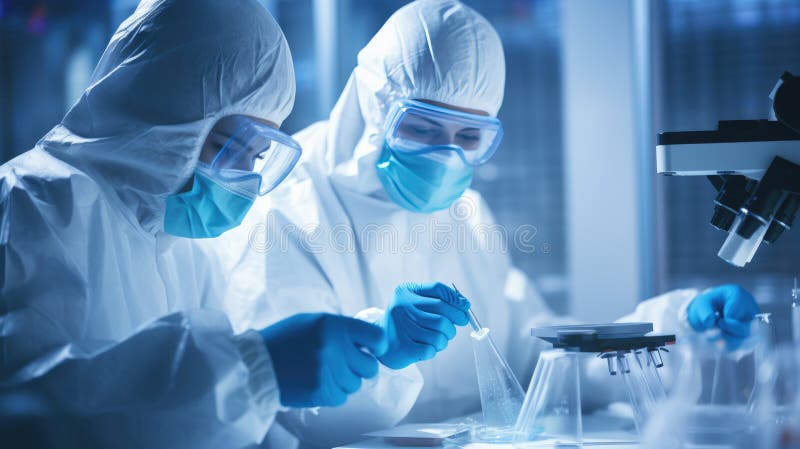Two Scientists in Full Protective Suits, Including Masks and Gloves ...