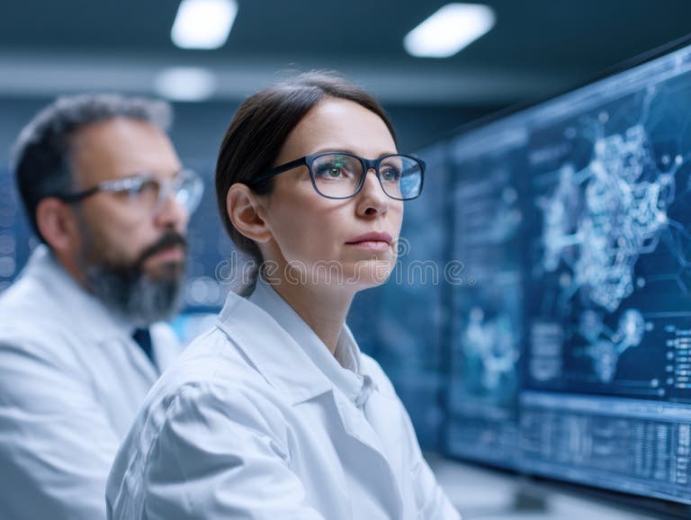 Two Scientists in Lab Coats Analyze Complex Data on a Digital Screen in a S Stock Illustration ...