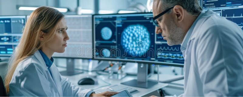 Scientists Analyzing Data on Multiple Computer Screens in a Modern Laboratory Setting Stock ...