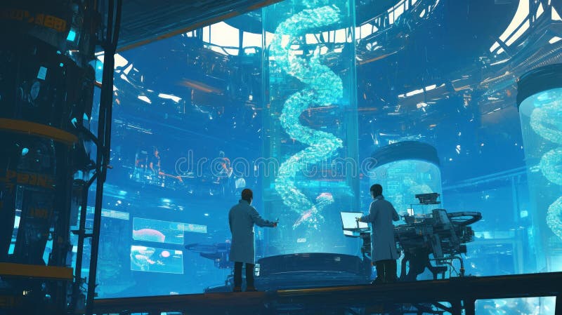 Two Scientists in Lab Coats Observe a Glowing, Spiraling Object Inside ...