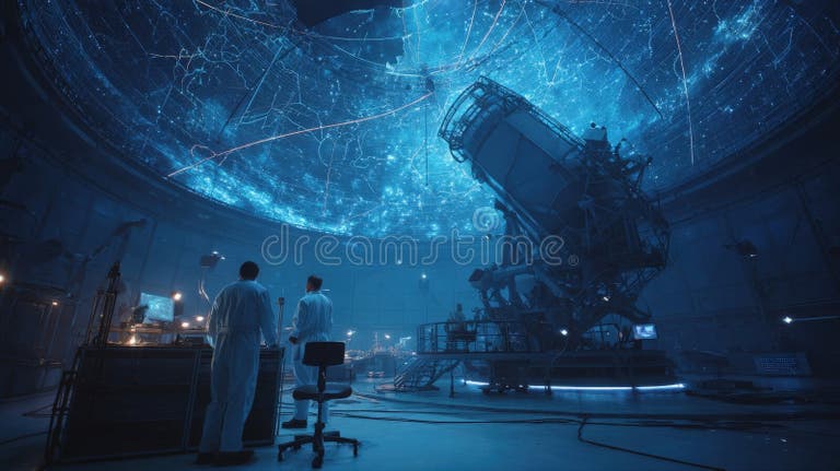 Two Scientists in Lab Coats are Observing a Massive Telescope, Ceiling ...