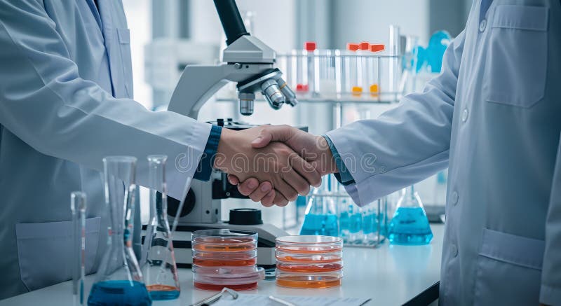 Scientists Shaking Hands in Laboratory with Microscope and Beakers ...