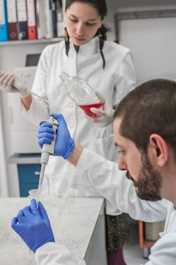 Two Scientists in the Laboratory Filling Test Tubes with Pipette Stock ...