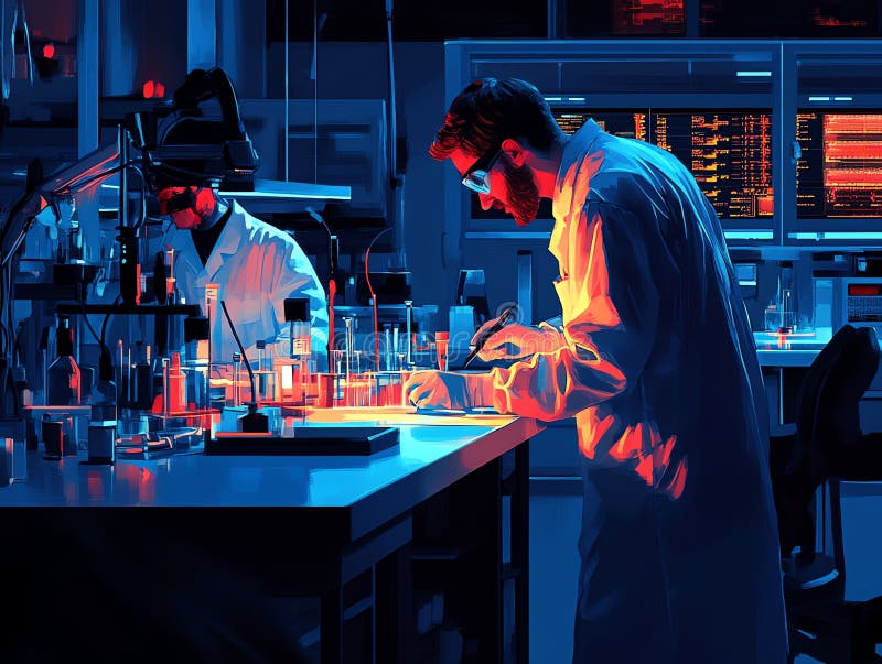 Two Scientists in a Laboratory, Illuminated by Blue and Orange Lights ...
