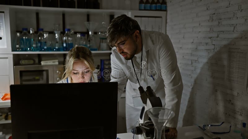 Two Scientists, a Man and a Woman, Intently Analyze Data on a Computer ...