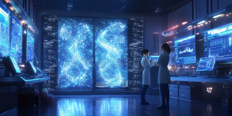 Scientists in a Futuristic Lab with Dna Display and Multiple Computer Screens Stock Illustration ...