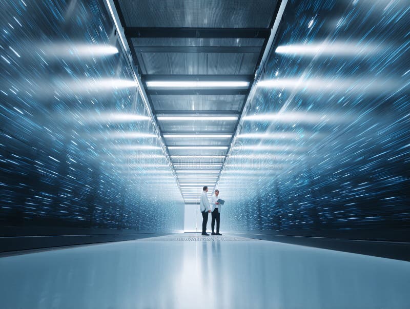 Two Scientists in a Modern Server Room. the Blue Streaks on the Walls ...