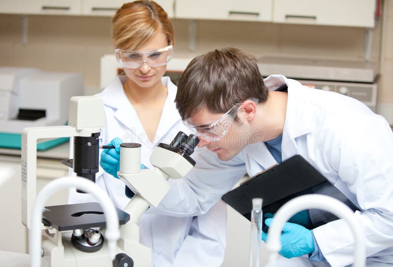 Two Scientists Observing Something with Microscope Stock Photo - Image ...