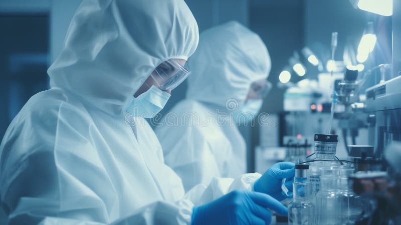 Scientists in Cleanroom Suits Working in a High-tech Laboratory ...