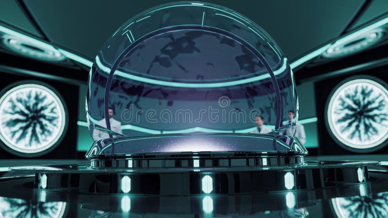 Two Scientists in White Coats are Observing a Large, Empty Glass Sphere ...