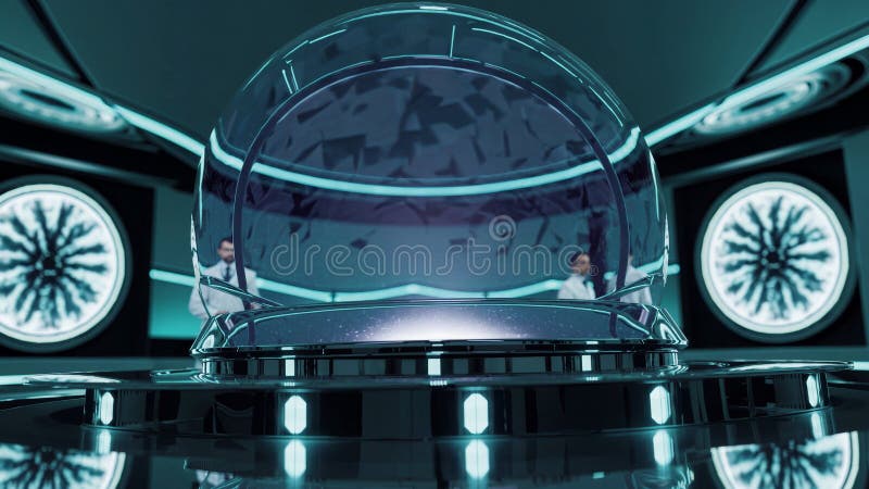 Two Scientists in White Coats are Observing a Large, Empty Glass Sphere ...