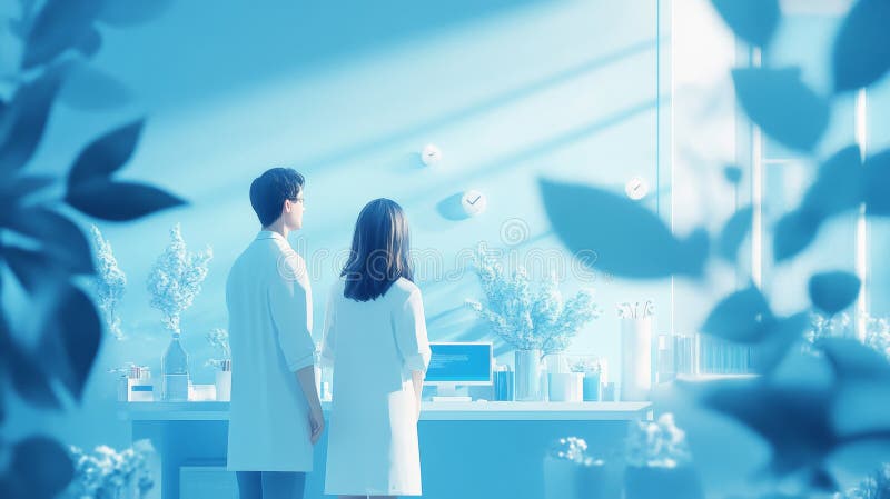 Two Scientists in White Lab Coats Stand at Bench with Computers and ...