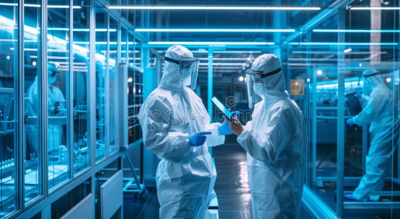 Two Scientists in White Protective Suits Discuss Research Results in a ...