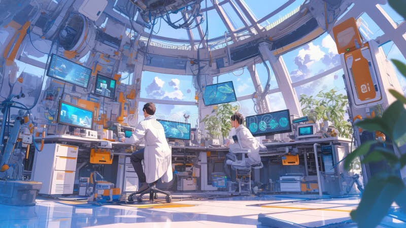 Two Scientists Work in a Futuristic Lab with Large Windows Looking Out ...