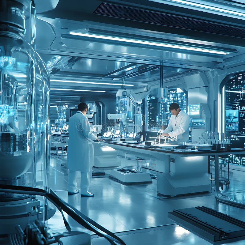 Two Scientists Working in a Futuristic Laboratory Stock Illustration ...