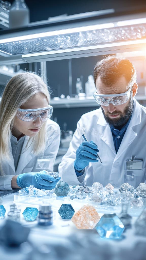 Two Scientists Working in a Laboratory with Mineral Samples Displayed ...