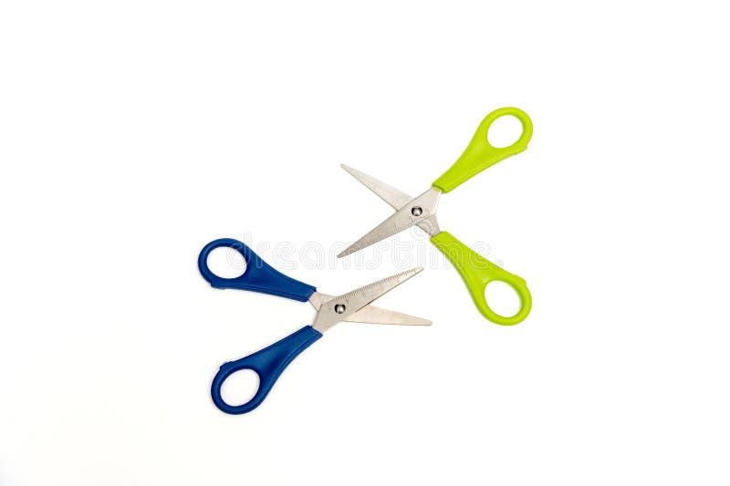 Two Scissors, One Blue and One Green, are Sitting on a White Background ...
