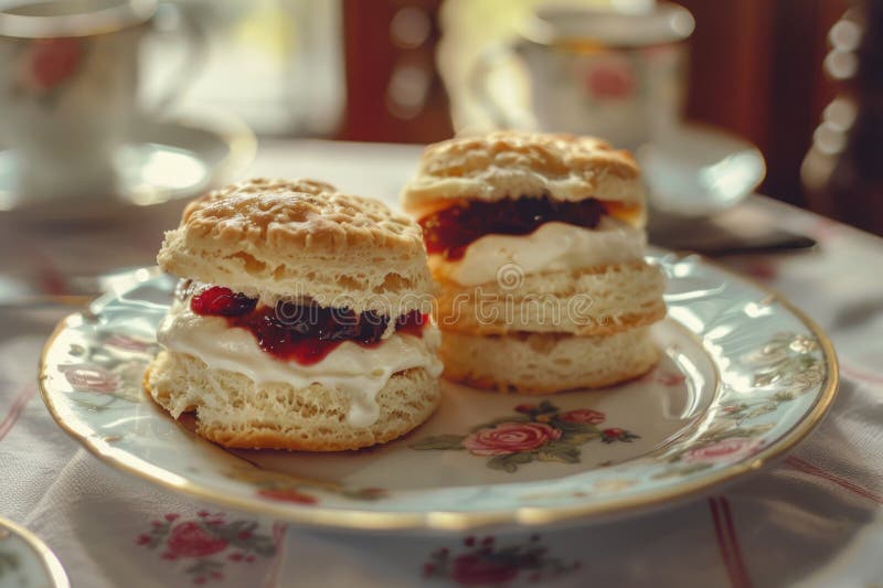 Two Scones on a Plate on a Table, Perfect for Bakery or Breakfast ...