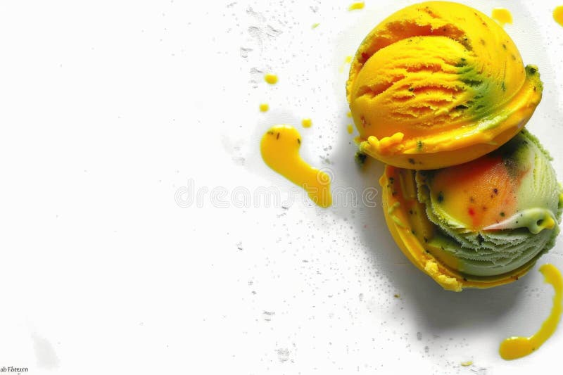 Two Scoops of Ice Cream, One Mango and One Mint, Melt on a White Plate ...