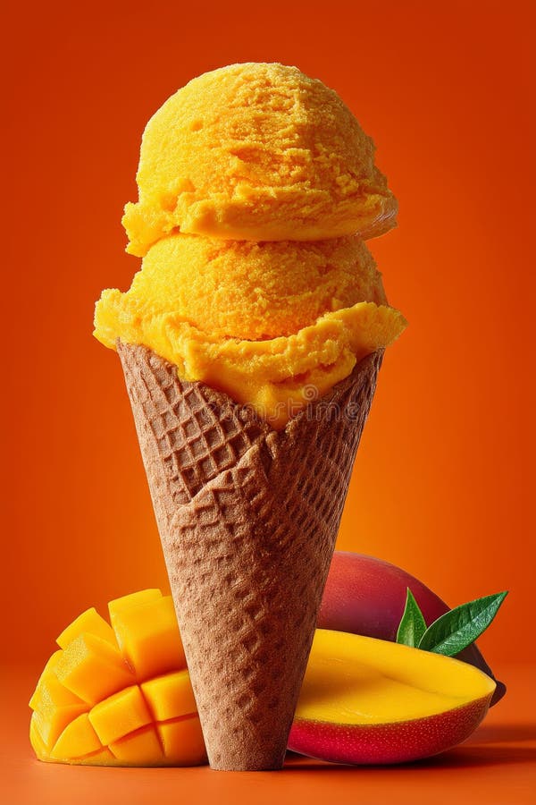 Two Scoops of Mango Ice Cream in a Waffle Cone and Mango Slices on an ...