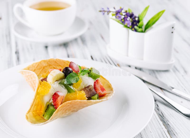 Two Scoops of Natural Organic Fruit Ice Cream in a Wafer Cup Stock ...